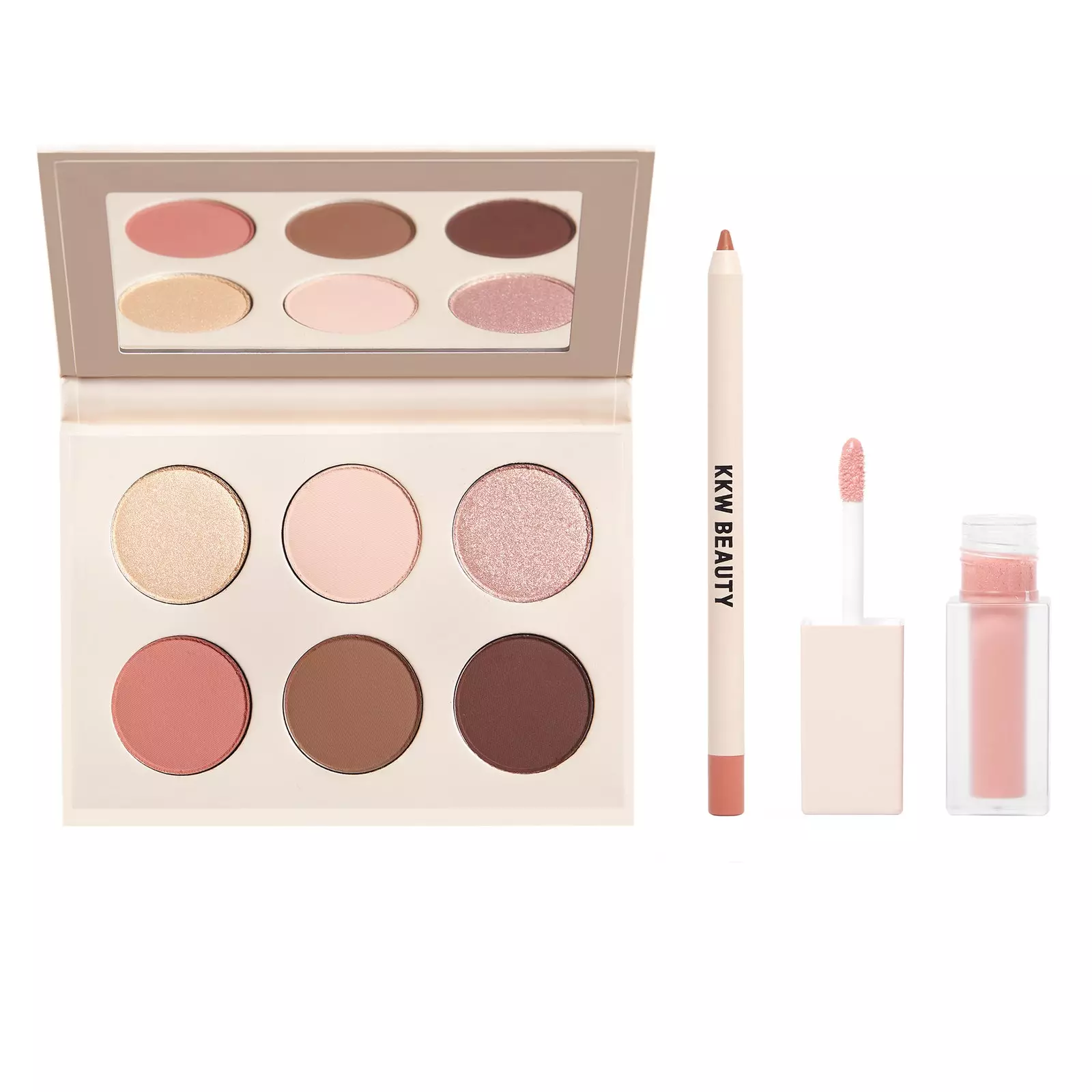 Bảng màu mắt KKW Beauty mrs West kẻ viền môi và son bóng trên nền trắng