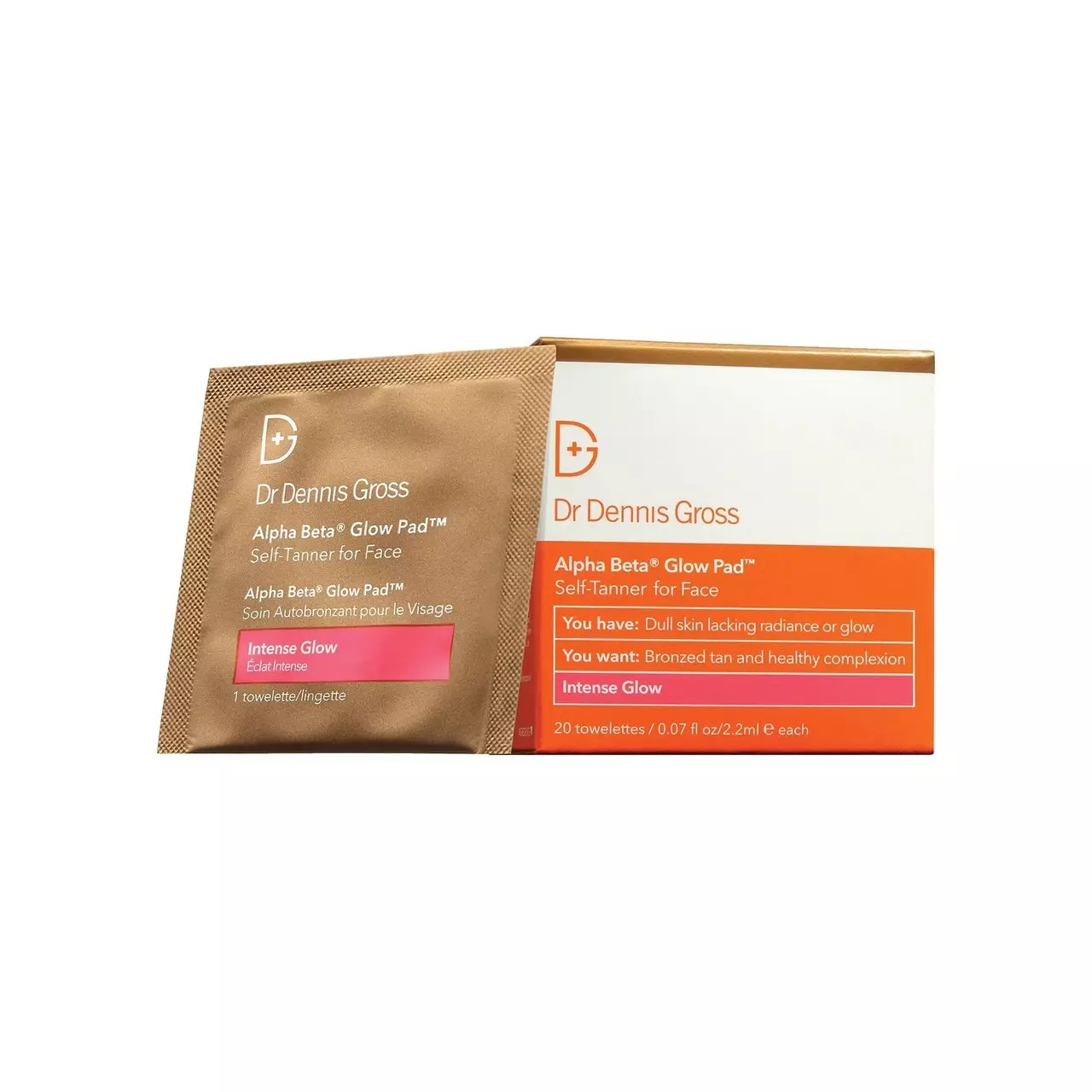 Dr. Dennis Gross Alpha Beta Glow Pads នៅលើផ្ទៃខាងក្រោយពណ៌ស