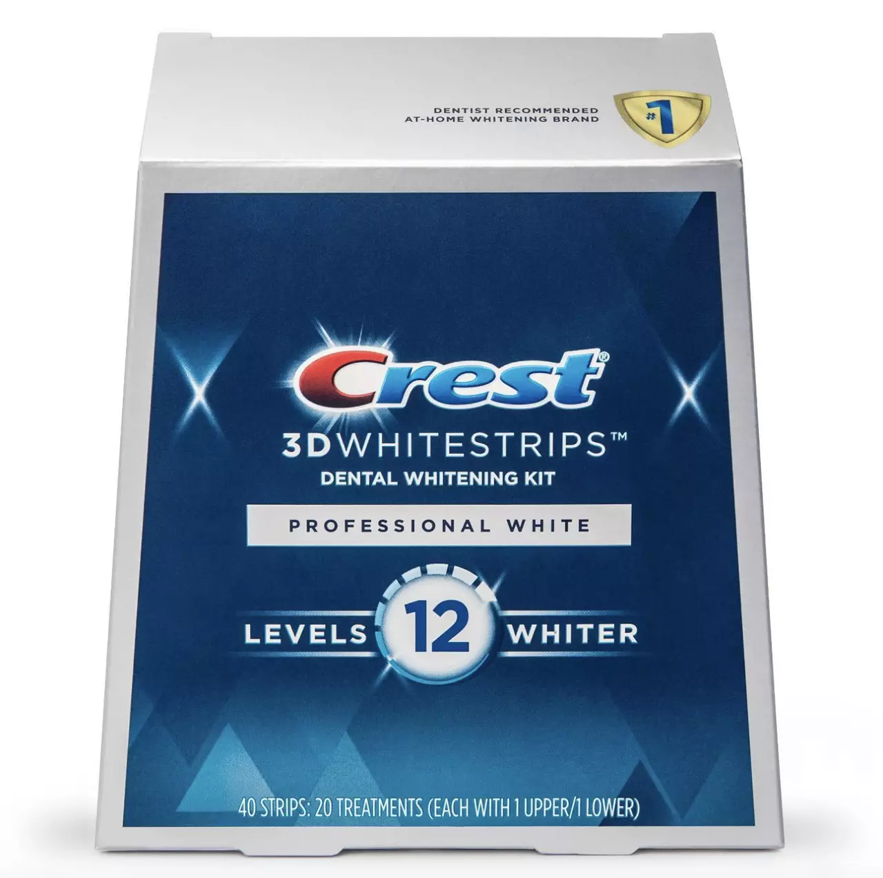 Crest 3D Whitestrips professional oq tishlarni oqartirish to'plami oq fonda