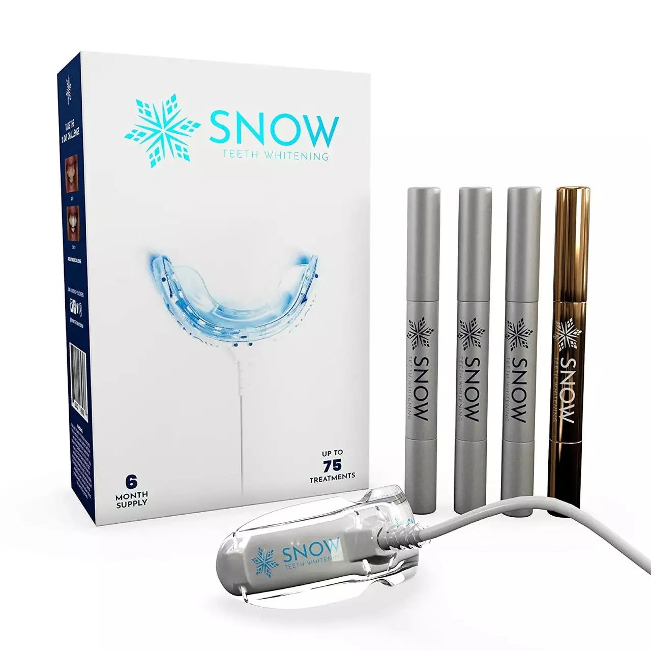 SNOW® Sa Bhaile Fiacla Whitening Uile-i-One Kit ar chúlra bán