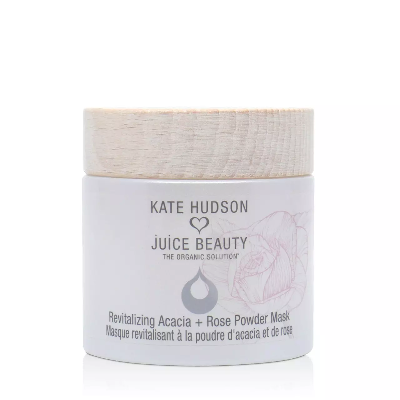 흰색 바탕에 Kate Hudson x Juice Beauty 리바이탈라이징 아카시아 + 로즈 파우더 마스크