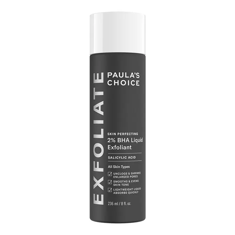 Una bottiglia grigia da otto once dell'esfoliante liquido Paula's Choice Skin Perfecting 2% BHA su sfondo bianco