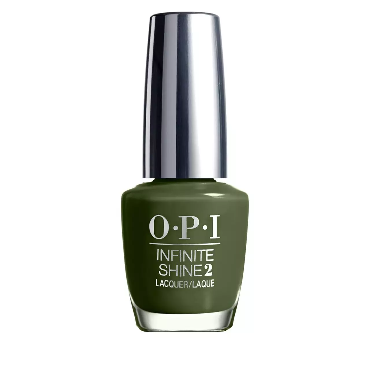 boutèy OPI Infinite Shine Long-Wear Nail Polonè nan lonbraj nwa oliv rele oliv pou vèt sou background blan.