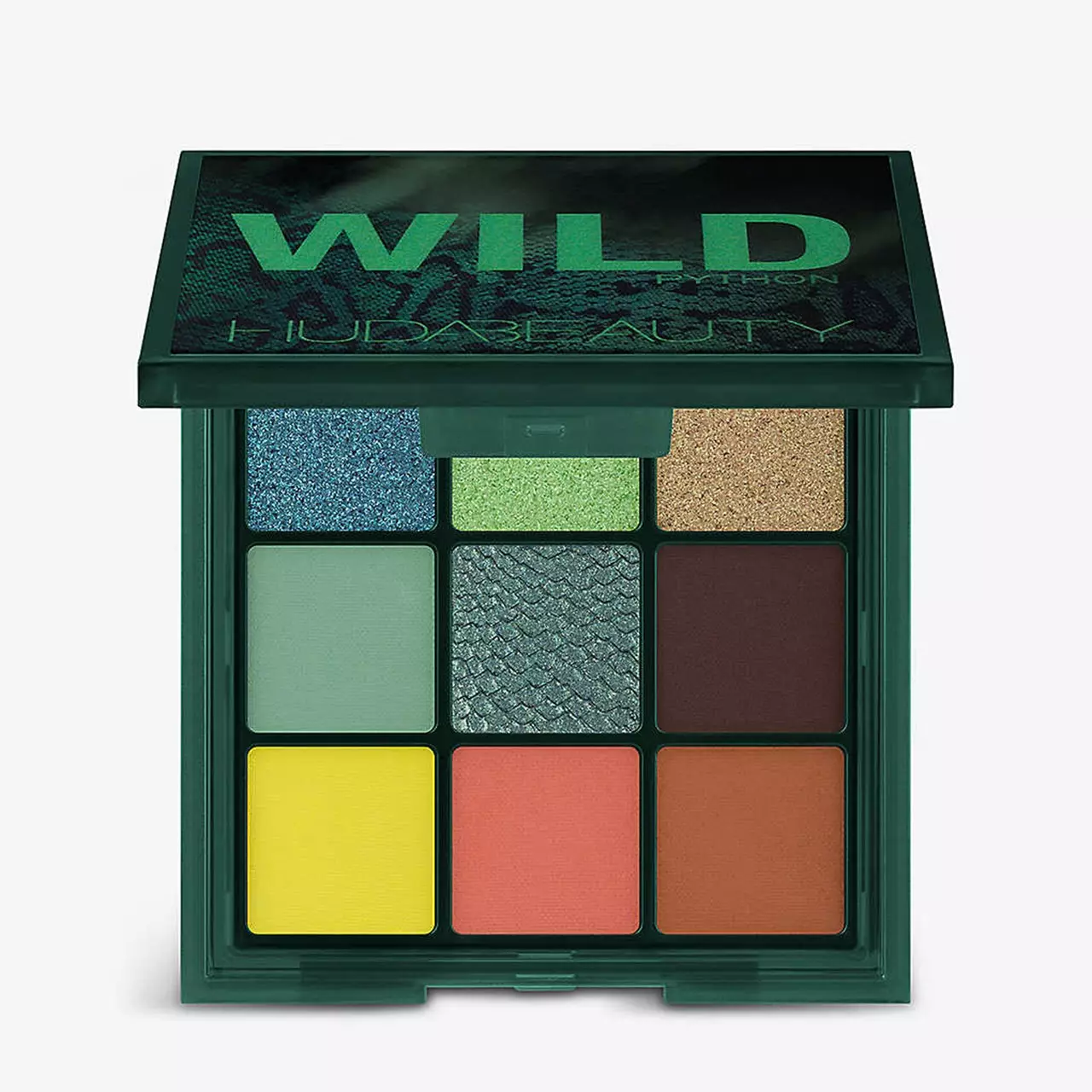 louvri Huda Beauty Wild Obsessions Palèt lonbraj je nan Python sou background blan