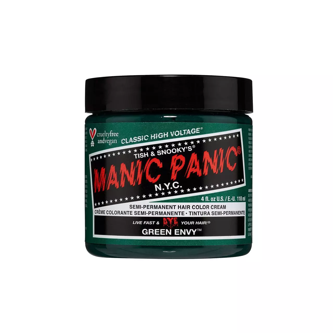 Manic Panic კლასიკური მაღალი ძაბვის თმის ფერი მწვანე შურით თეთრ ფონზე