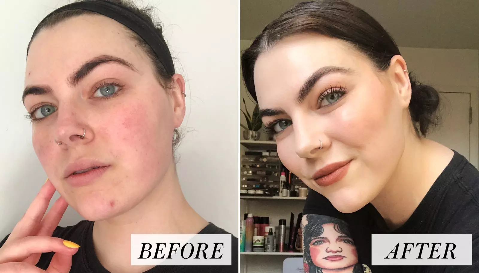 images côte à côte d'une femme avant et après l'application du fond de teint dior powdernopowder - avis