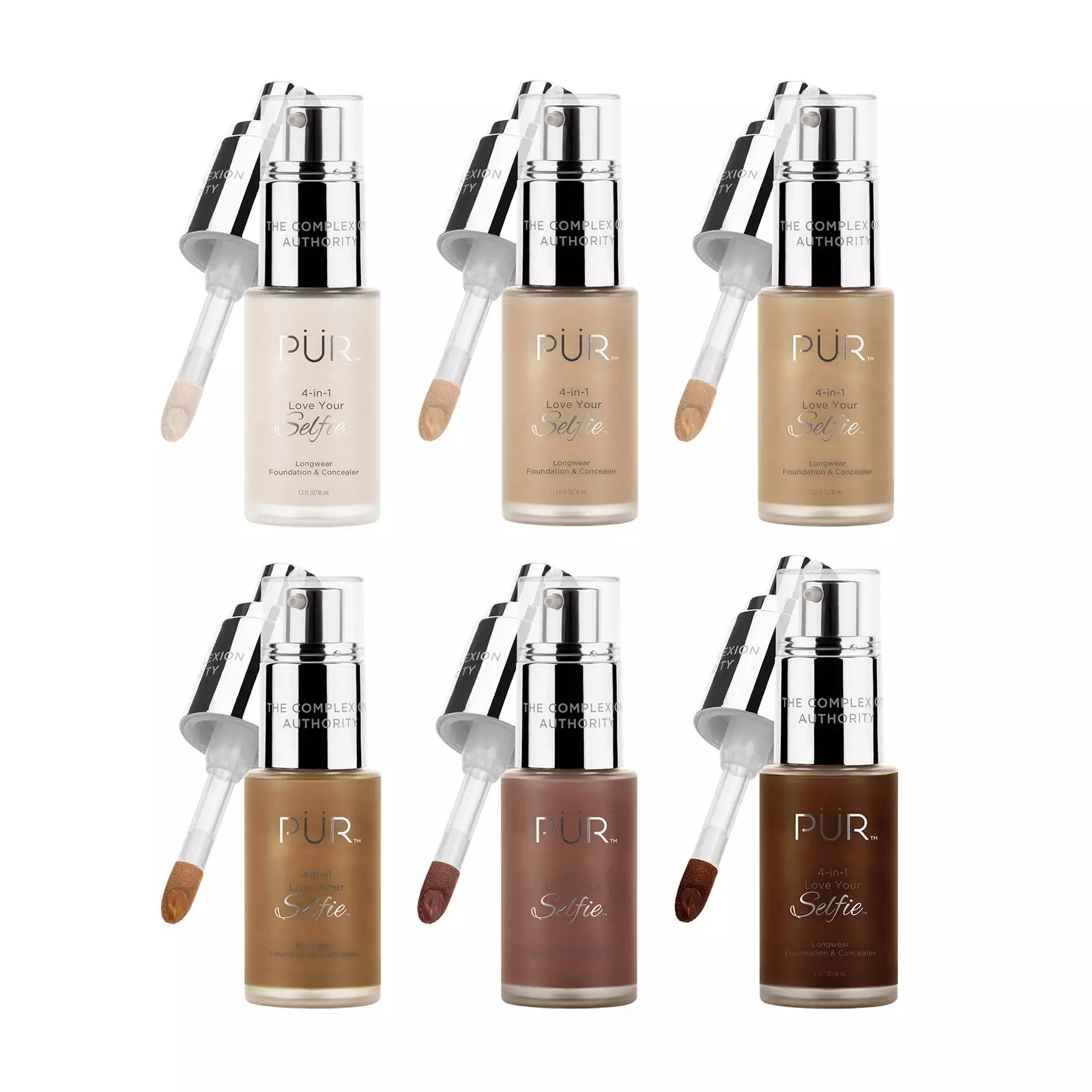 6 flesjes Pür 4in1 Love Your Selfie Foundation in licht medium tan en diepe tinten