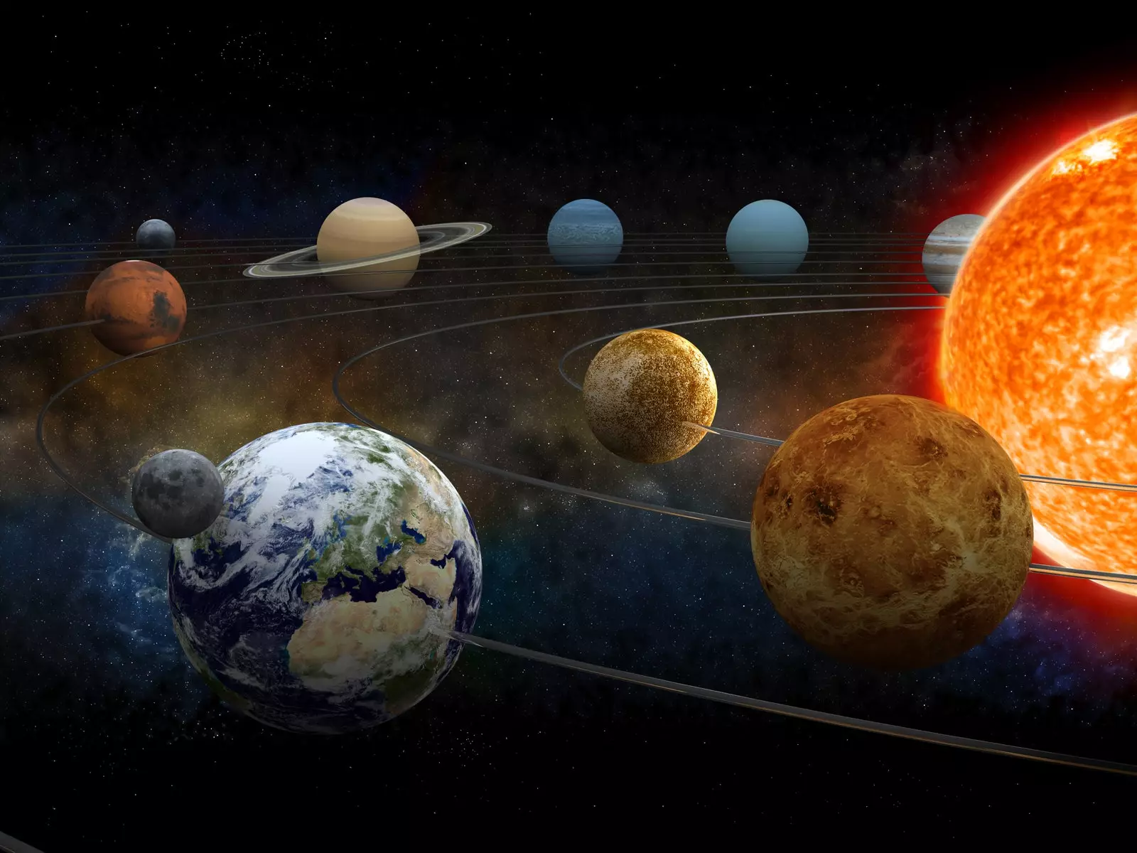 El sol i nou planetes del nostre sistema en òrbita.