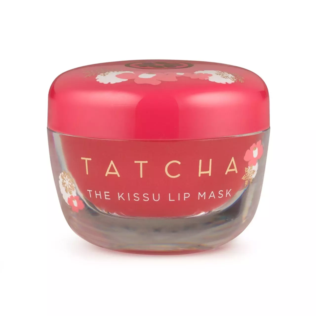 Tatcha The Kissu lūpu maska sarkanā kamēlija krāsā uz balta fona