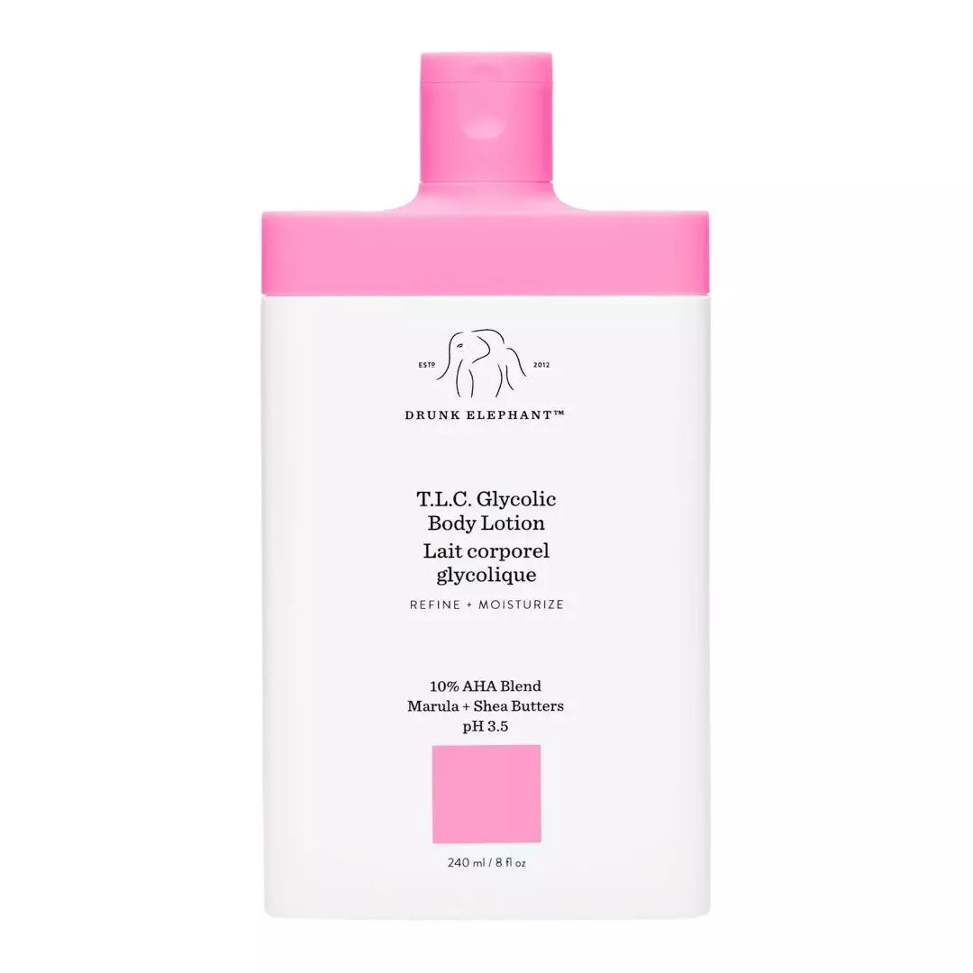 Drunk Elephant T.L.C Glycolic Body Lotion på hvid baggrund