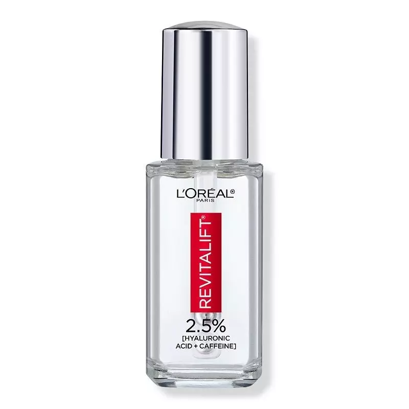 L'Oréal Paris Revitalift Derm Intensives Hialuronskābes un kofeīna acu serums uz balta fona