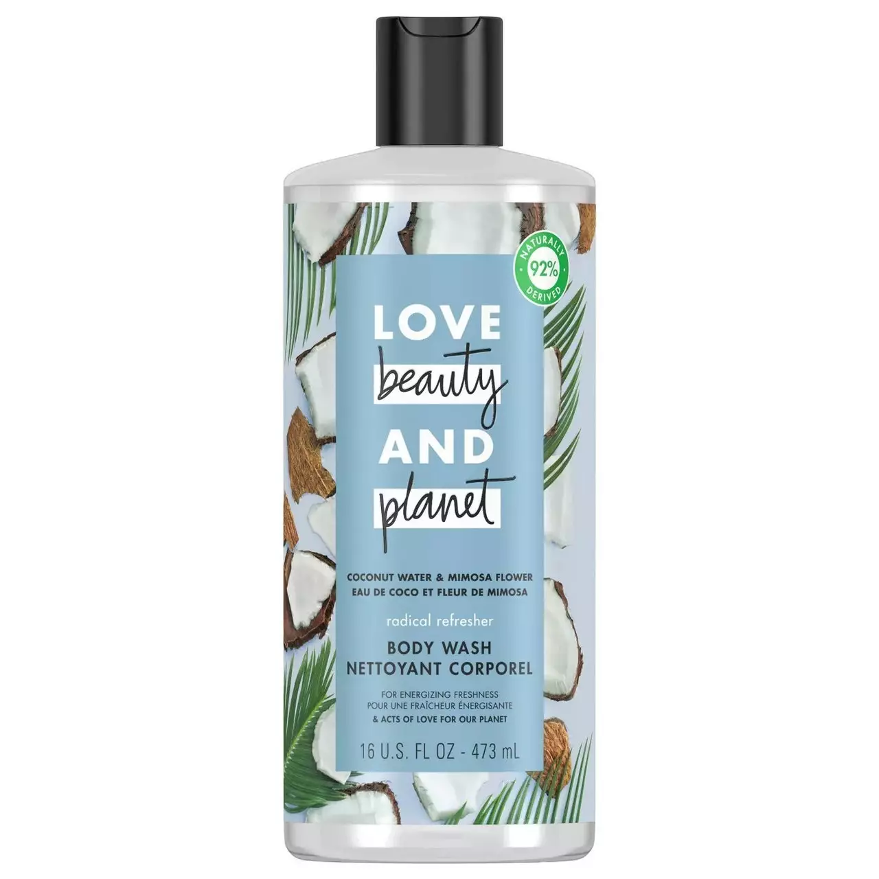 Love Beauty & Planet Forfriskende Body Wash Såpe Kokosvann & Mimosa på hvit bakgrunn