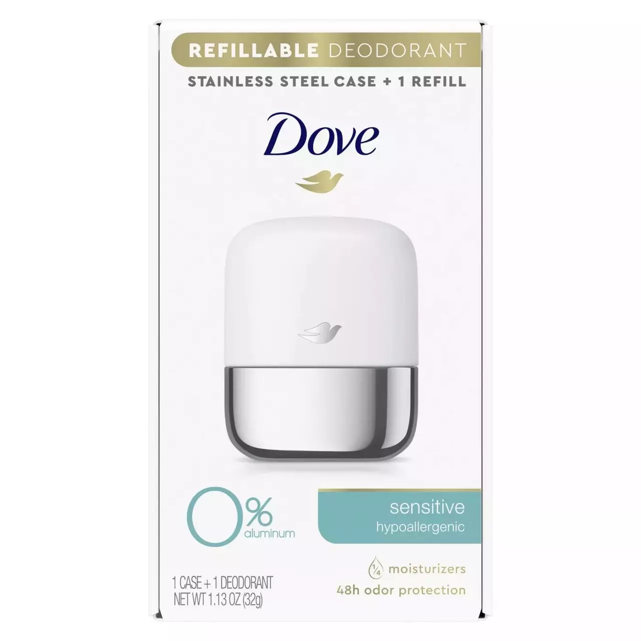 Dove Beauty 0 % aluminium, sensitiv hud, etterfyllbar deodorant i rustfritt stål, + 1 refill på hvit bakgrunn