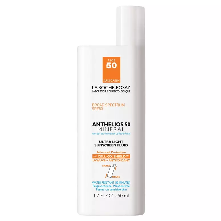 Izikrini zelanga ezihamba phambili ze-Sensitive Skin 2019: ishubhu elimhlophe le-La Roche-Posay Anthelios 50 Mineral Ultra Light Sunscreen Fluid SPF 50 Face kungemuva elimhlophe