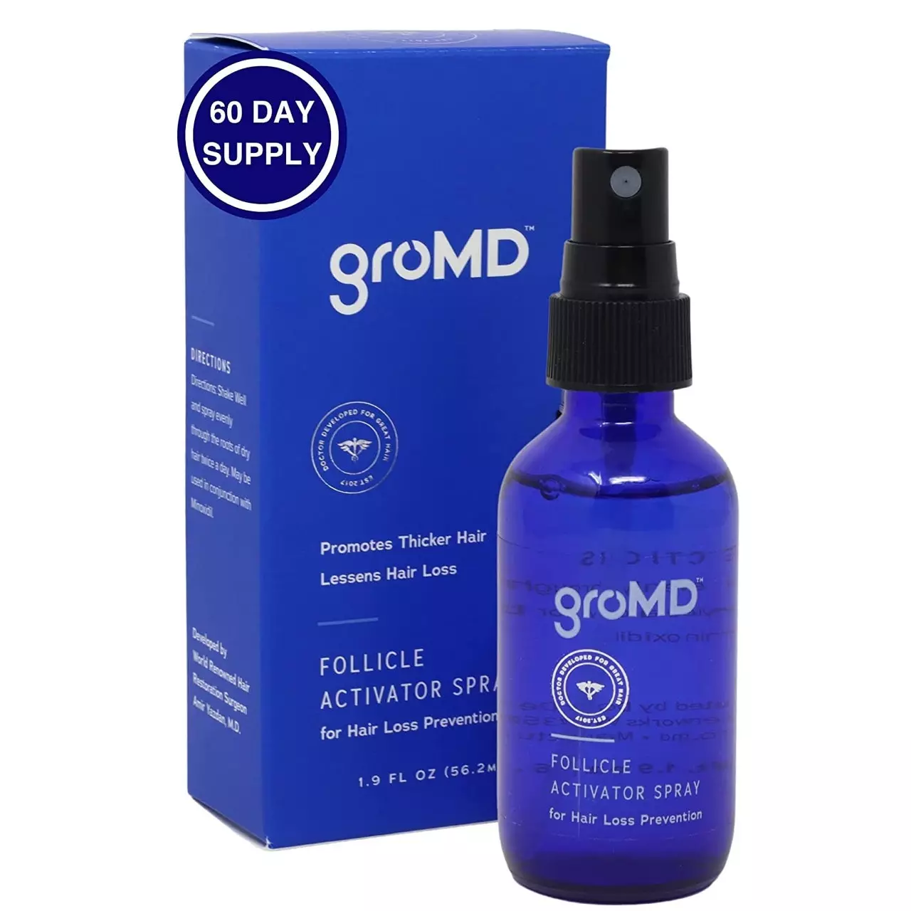 GroMD Follicle Activator Spray có hộp trên nền trắng