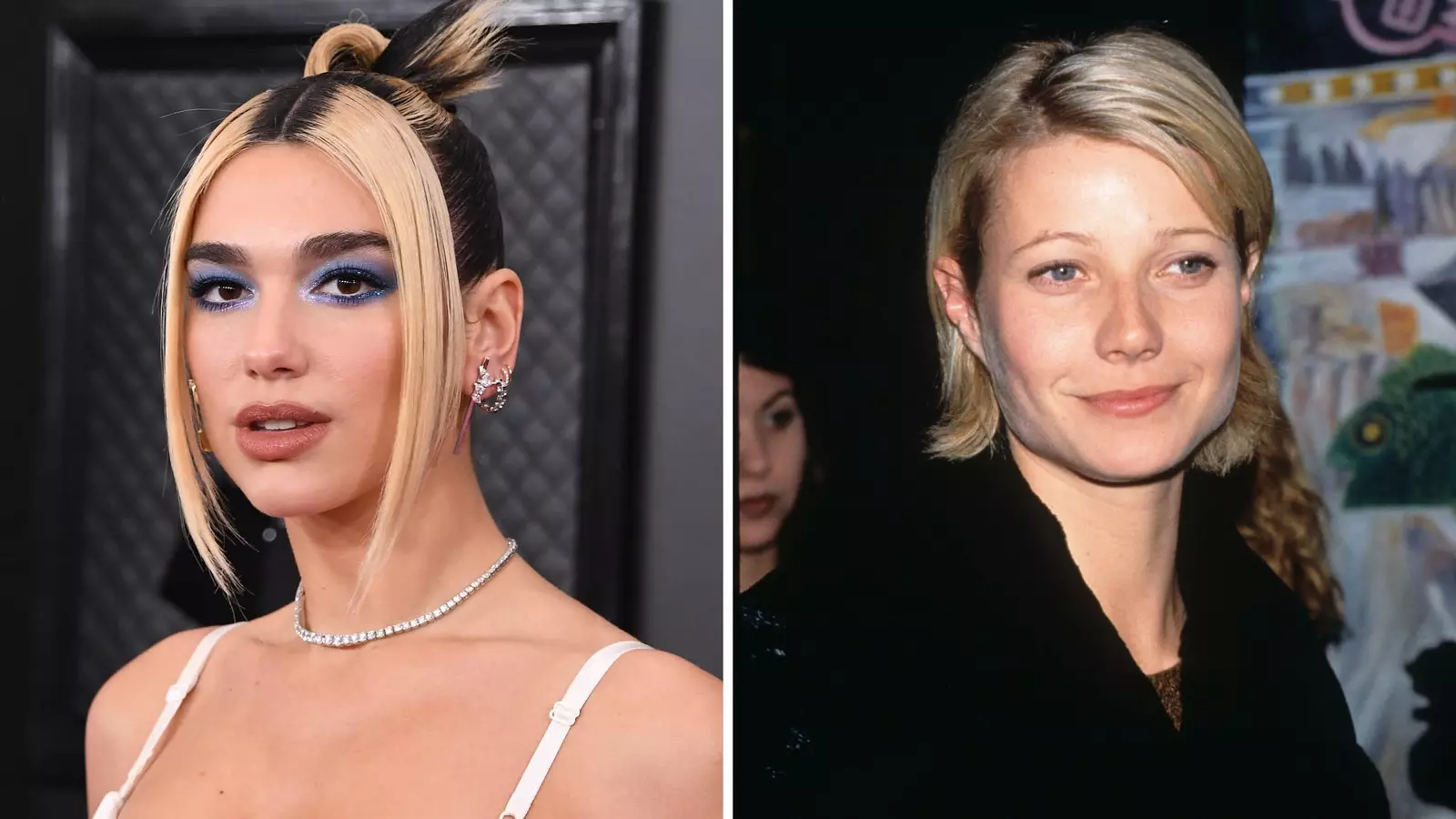 obok siebie Dua Lipa z włosami ułożonymi w kok i dwoma grubymi blond włosami pominiętymi, a Gwyneth Paltrow...