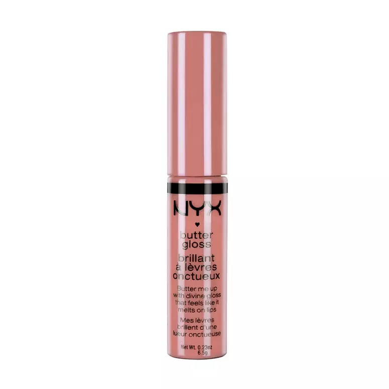 rozā pudele NYX Cosmetics Butter Gloss krējuma brulē krāsā ar siluetu uz balta fona